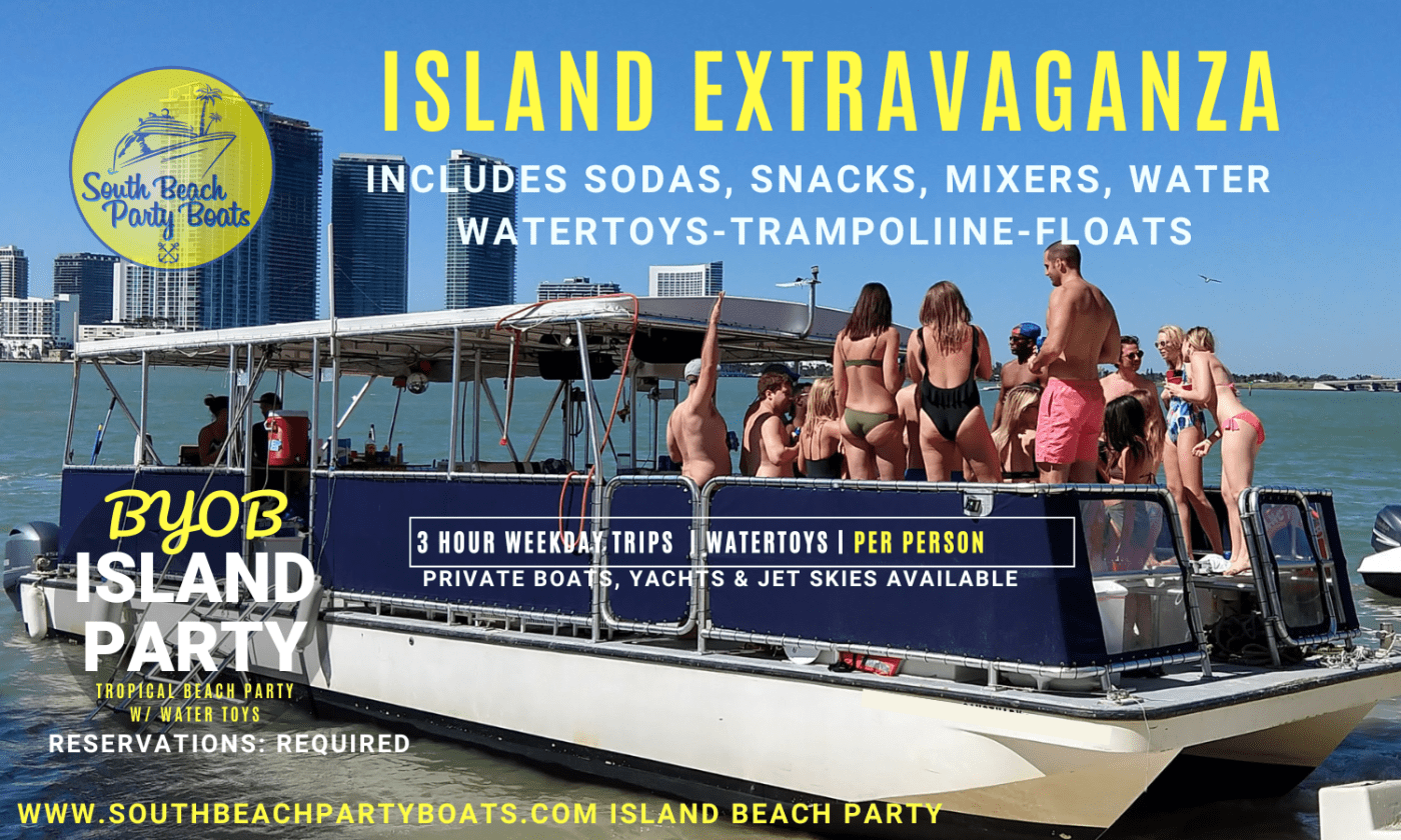Miami Party Boat Charter to Island or Booze Cruise party at Night